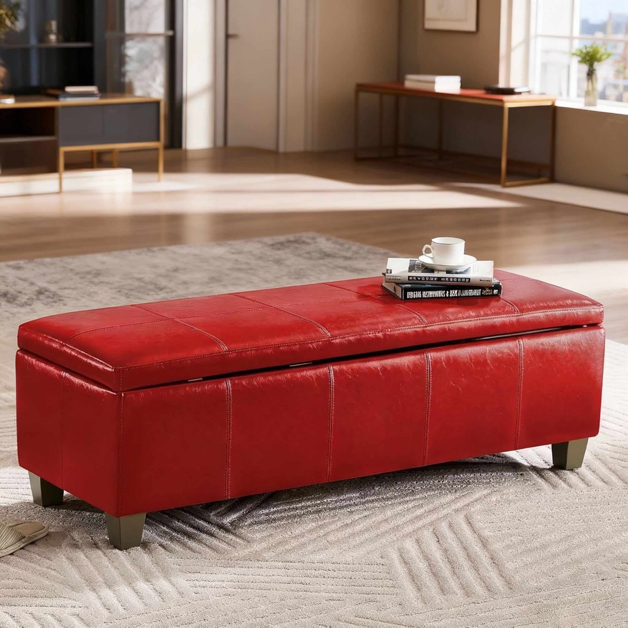 Domicare, Rectangle Storage Ottoman with Leather, Red, 41 inch ...