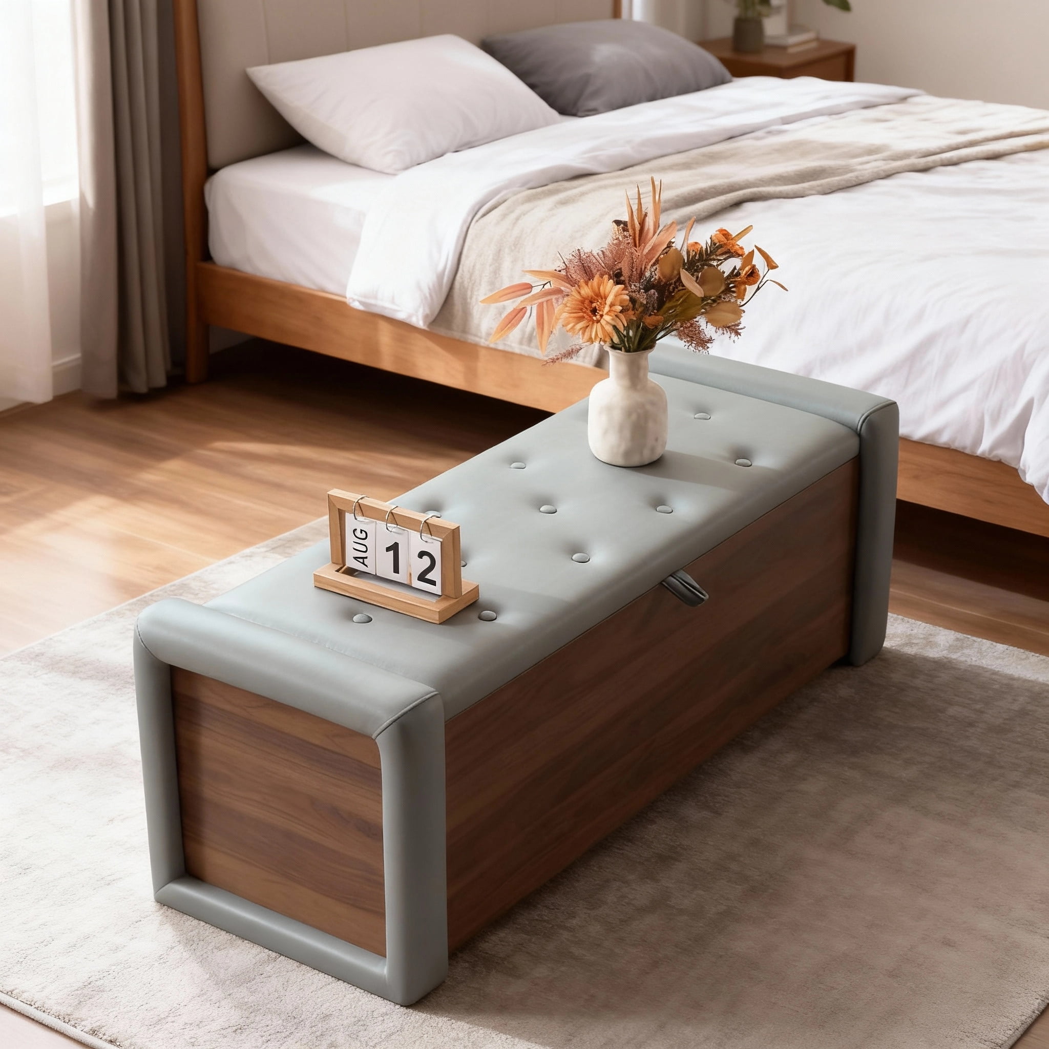 Domicare Wooden Storage Ottoman Bench with Leather Top, Ottoman with ...