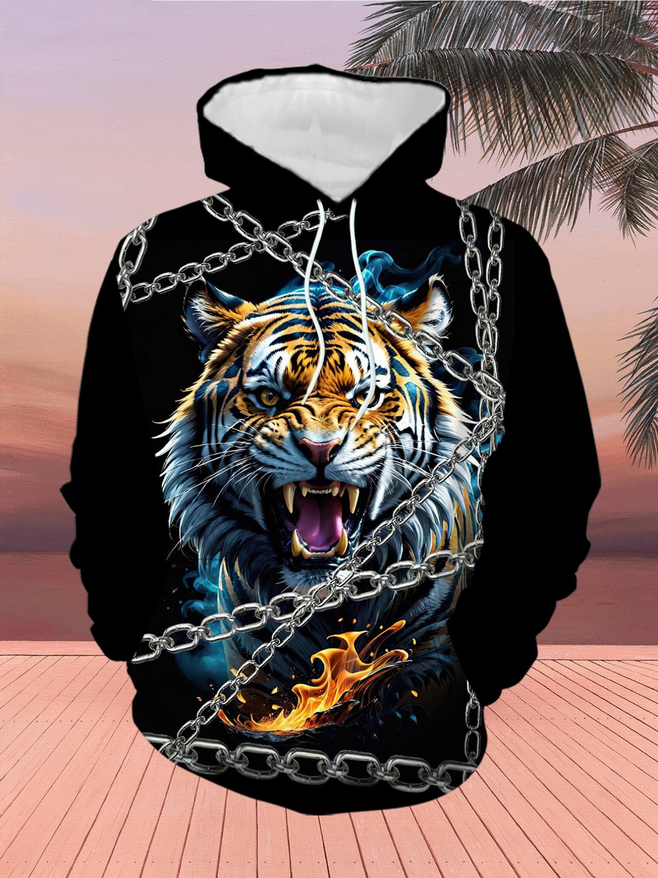 Domineering Tiger Chain Print Men's Hoodie, Unique Trendy Digital Print ...