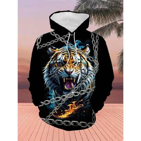 Domineering Tiger Chain Print Men's Hoodie, Unique Trendy Digital Print ...