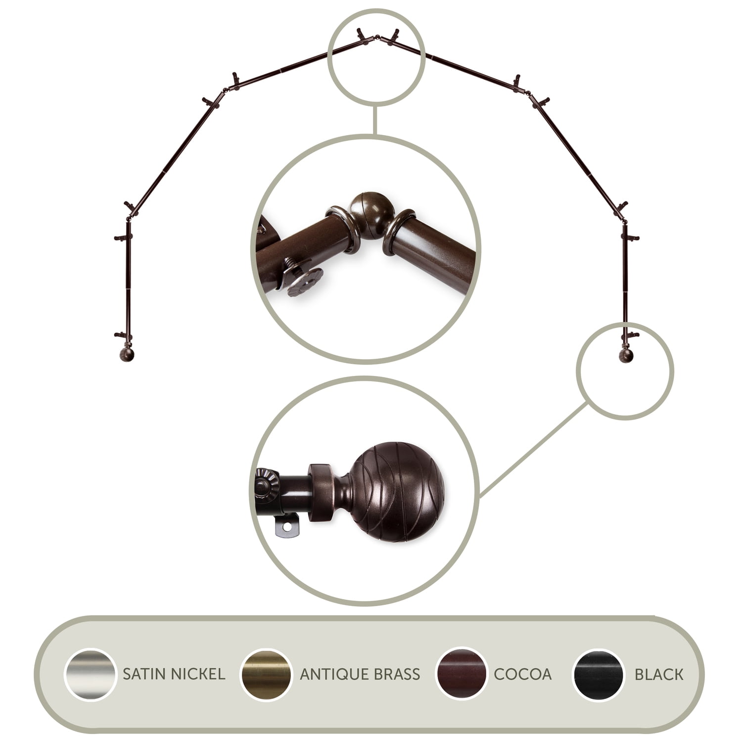 Domovina Phoebe 13/16" 6 Sided Bay Window Single Curtain Rod-Color ...