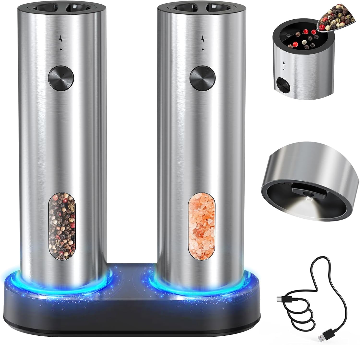 Dompilc Electric Rechargeable Salt and Pepper Grinder Set Top-Refill ...