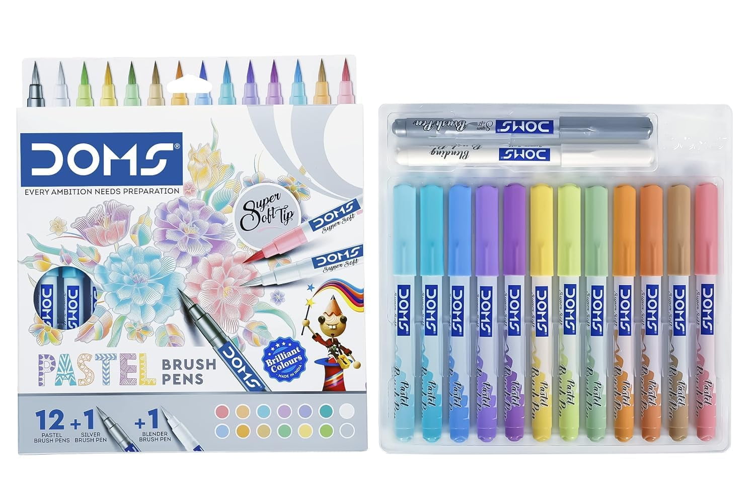 Doms Super Soft Tip Pastel Shades Brush Pen Set | 12 Pastel Shades + 1 ...