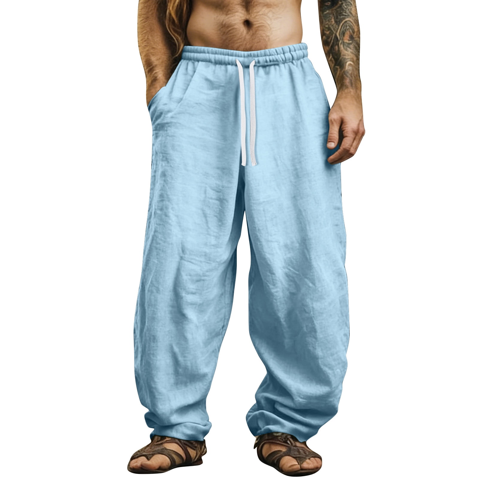 Domuza Casual Linen Pants for Men Loose Fit Elastic Drawstring Waist ...