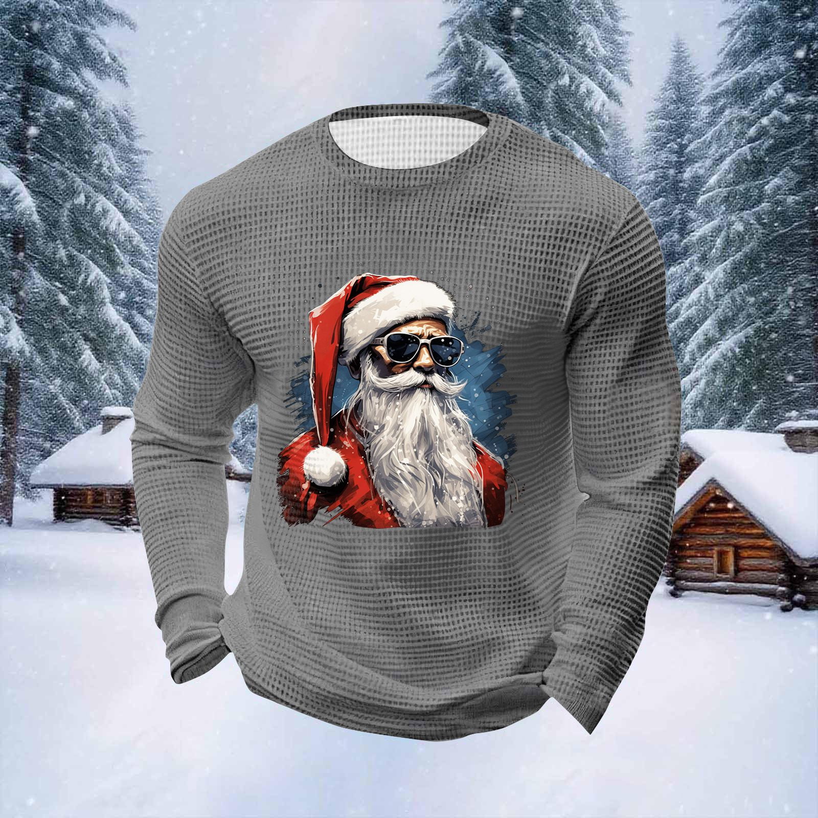 Domuza Christmas Shirts Men Waffle Knit Santa Claus Graphics Crewneck ...