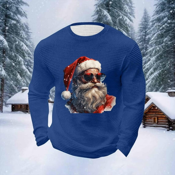 Domuza Christmas Shirts for Men Waffle Knit Santa Claus Graphics Crewneck Long Sleeve T Shirt ...