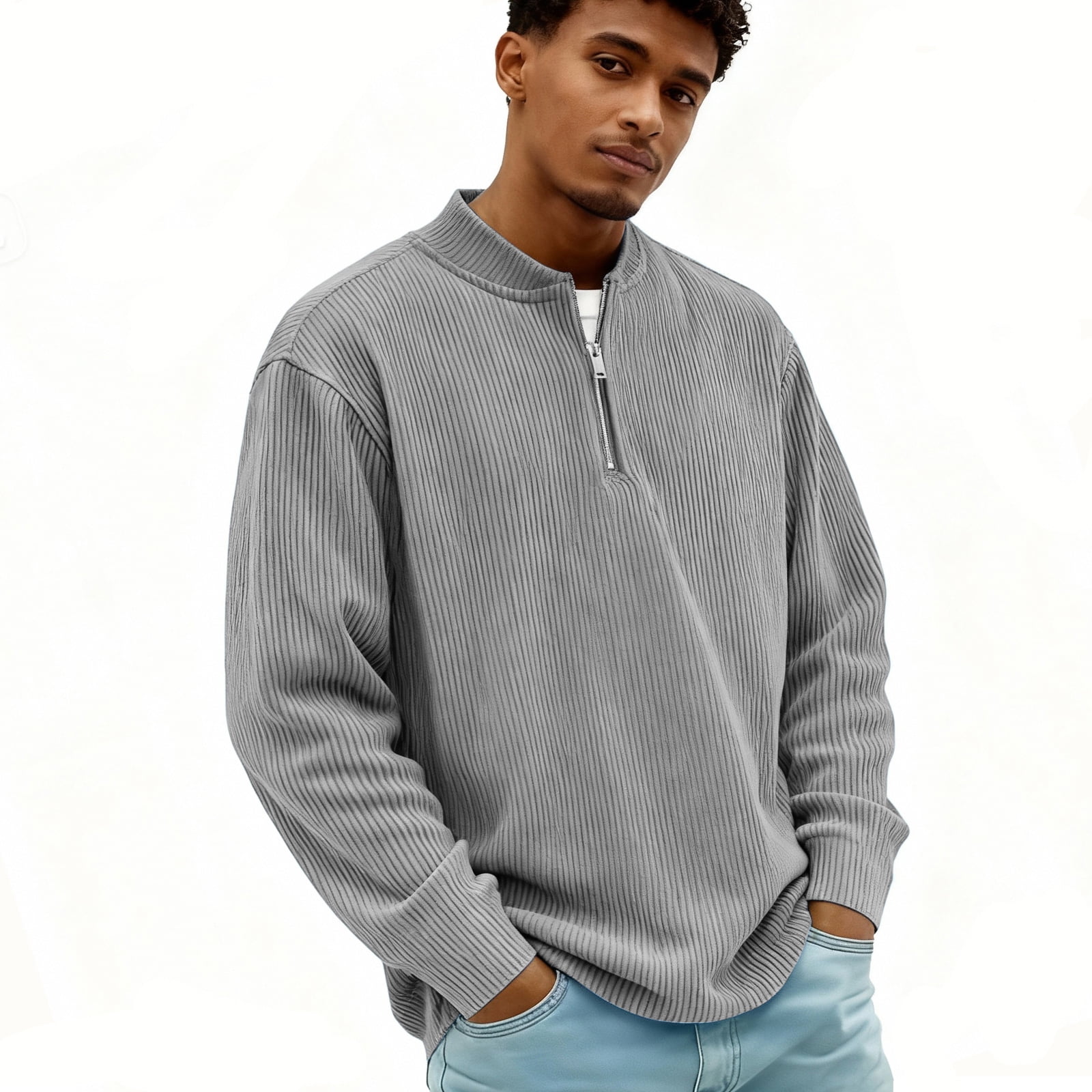 Domuza Corduroy Sweatshirt Men Stand Collar Casual Quarter Zip Up ...