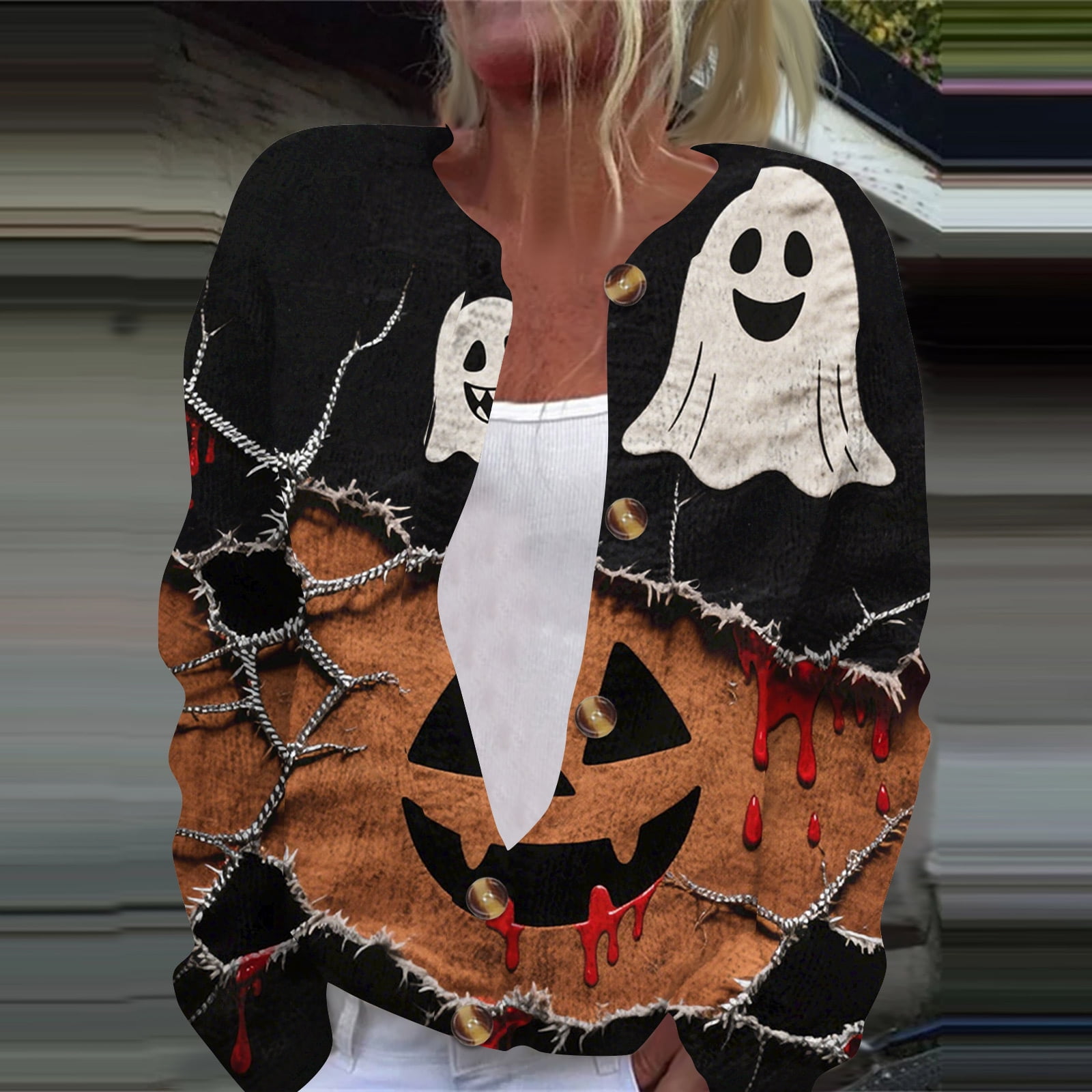 Domuza Halloween Cardigan Sweaters for Women Funny Horror Print Long ...
