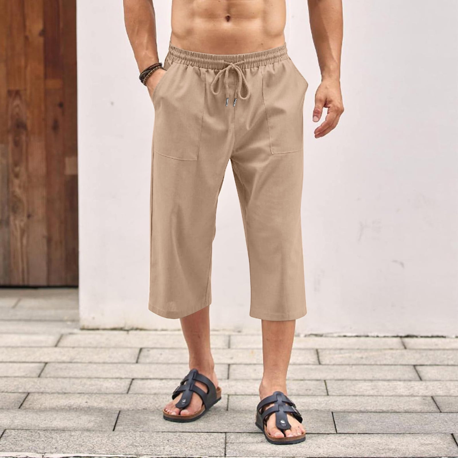 Domuza Linen Capri Pants for Men Casual Lightweight 3/4 Baggy Pants ...