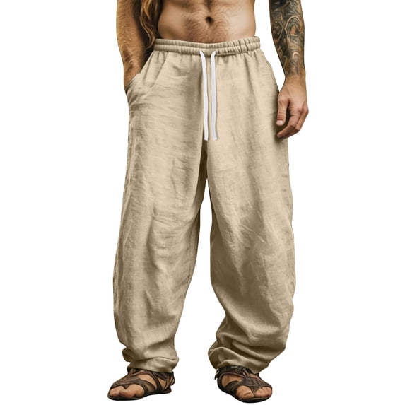 Domuza Linen Pants for Men Big and Tall Casual Baggy Yoga Beach Long ...