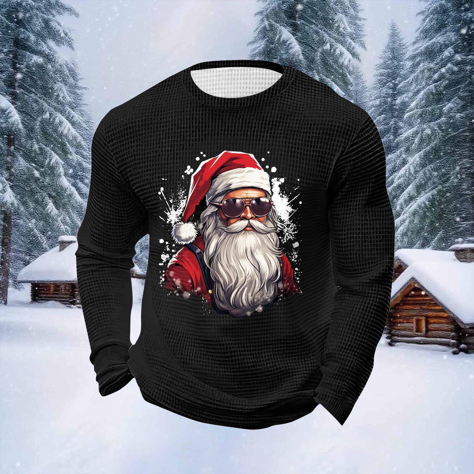 Domuza Men's Christmas Shirts Waffle Knit Santa Claus Graphics Crewneck ...