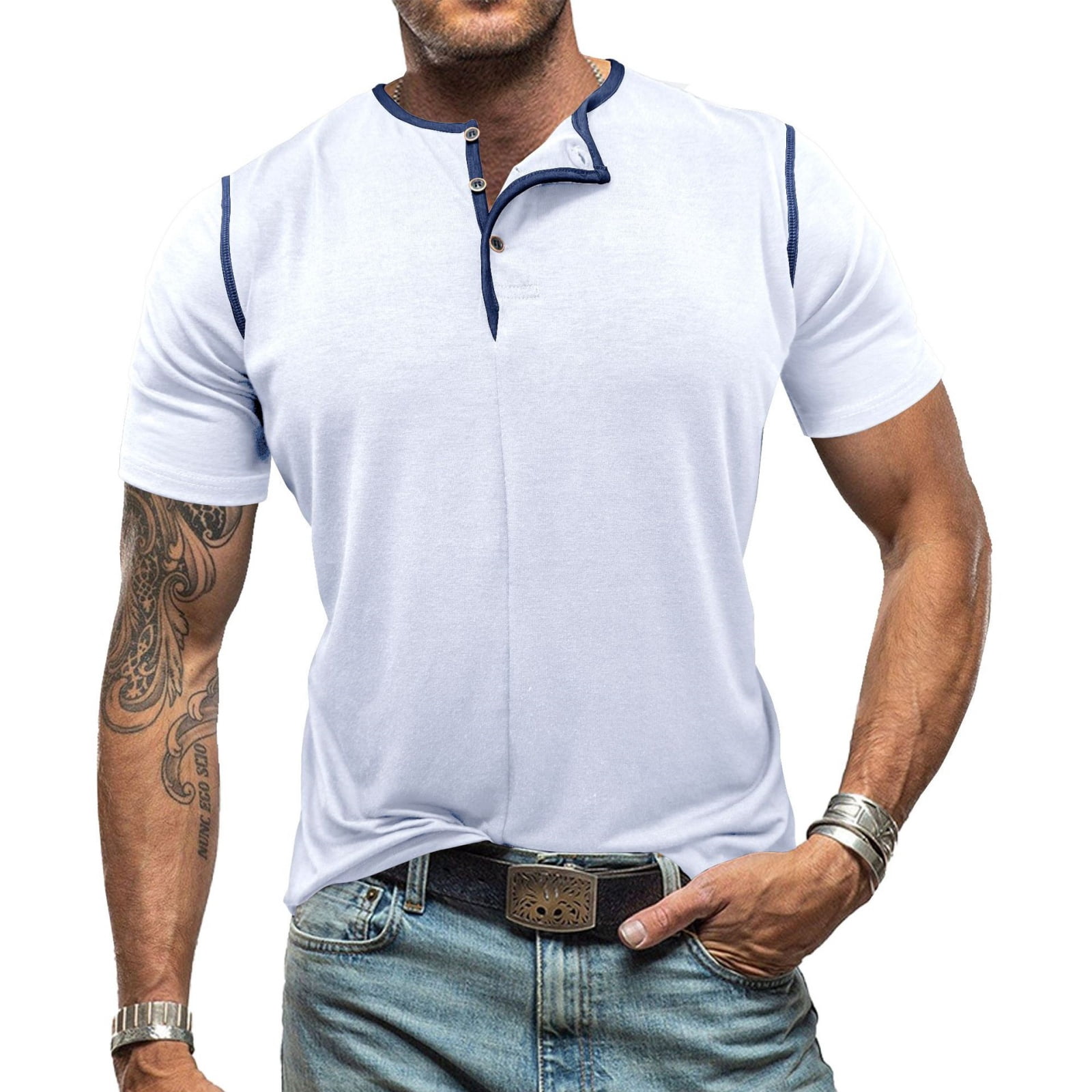 Domuza Men's Henley Shirts Short Sleeve Fitted Cotton Muscle T-Shirt ...