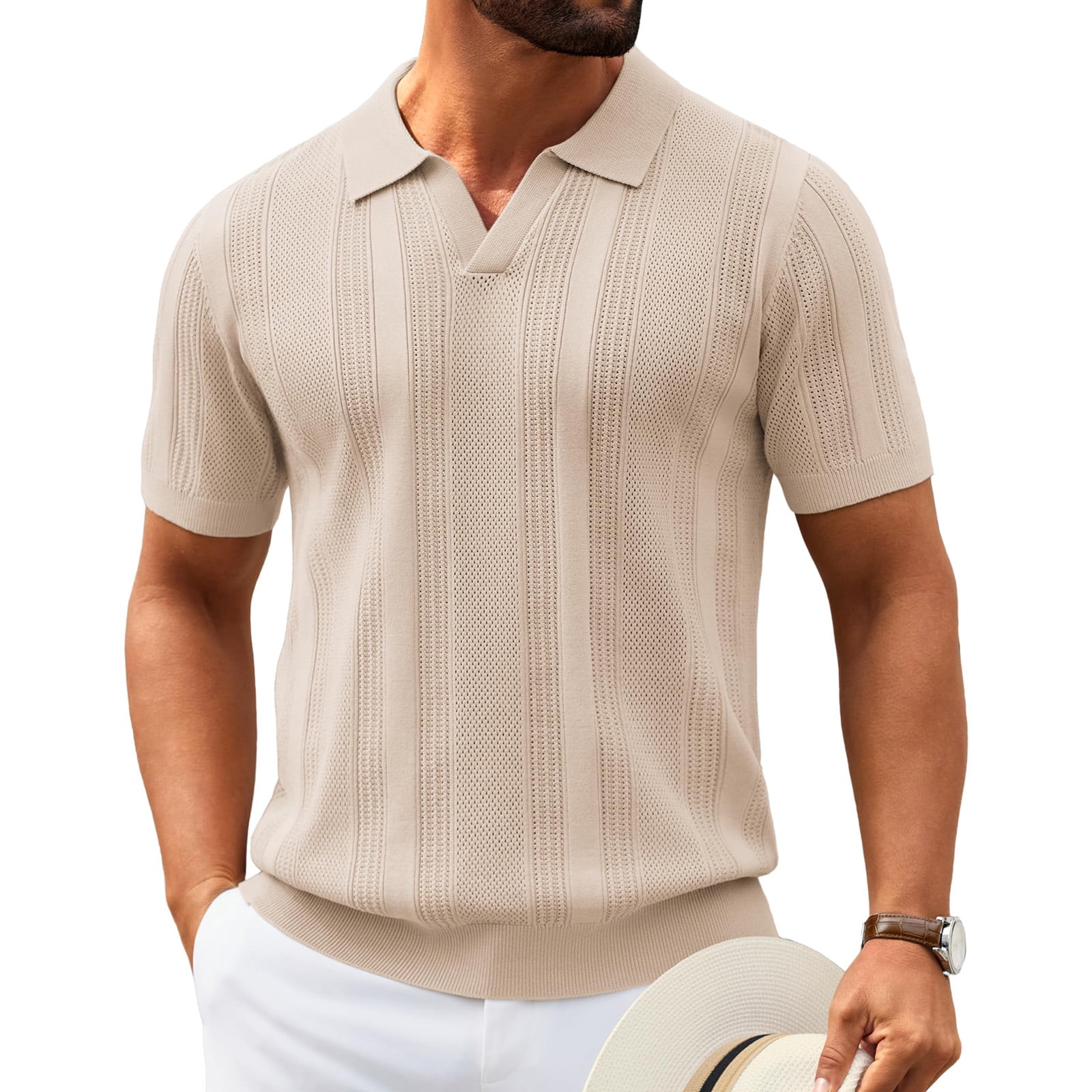 Domuza Men's Knit Polo Shirt V Neck Short Sleeve Textured Golf T Shirt ...