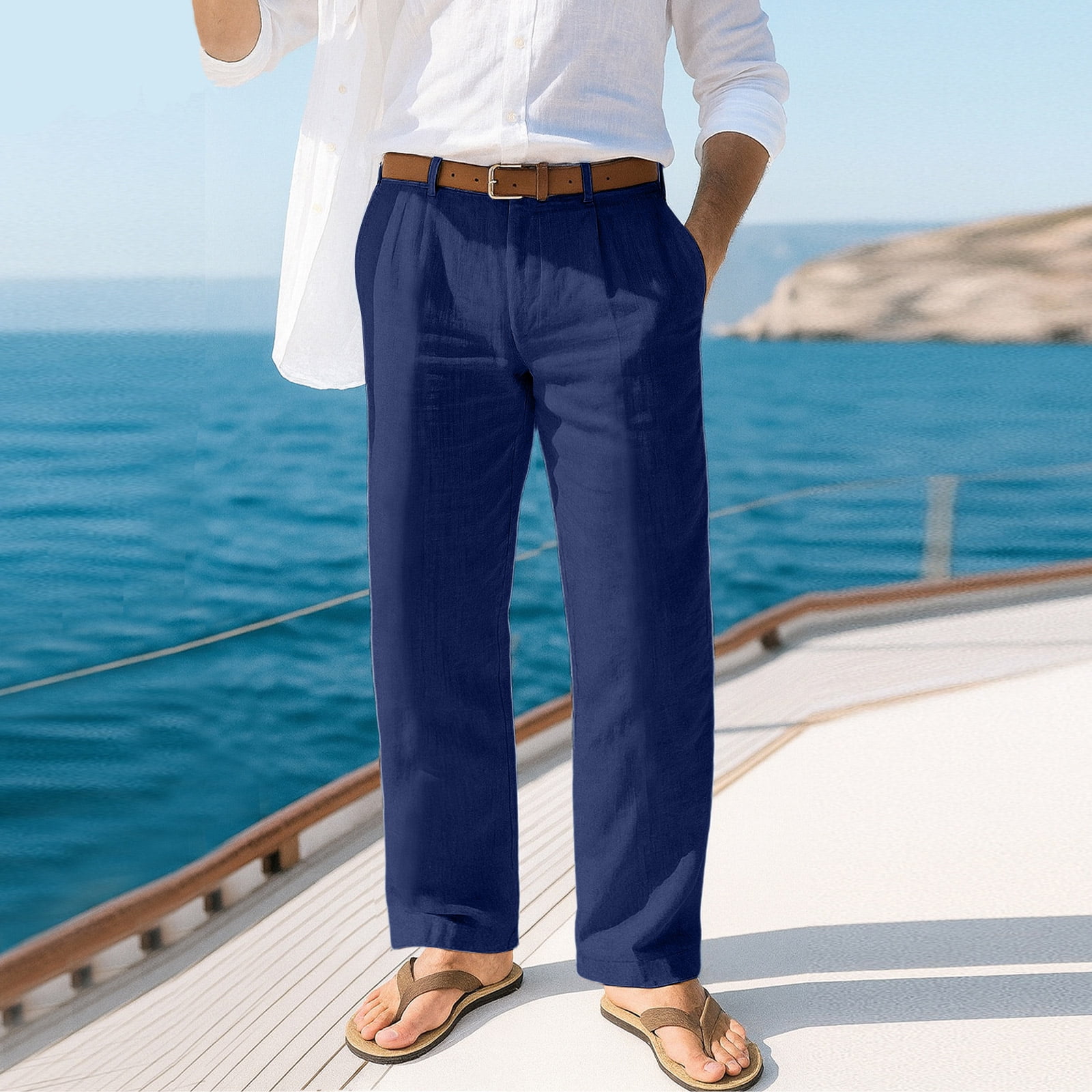 Domuza Men's Linen Pants Casual Trendy Straight Leg Pleated Pleated ...