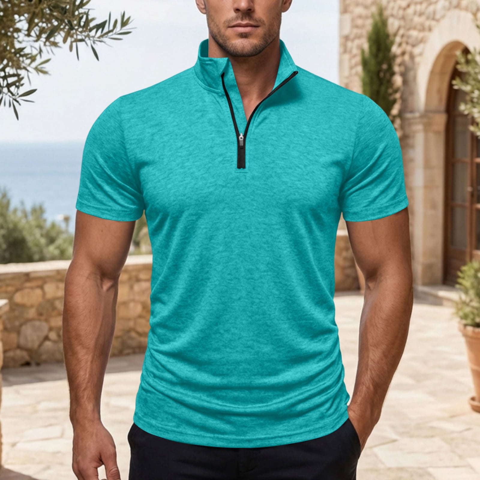 Domuza Men's Quarter Zip Up Neck Shirts Casual Short Sleeve Solid Color ...