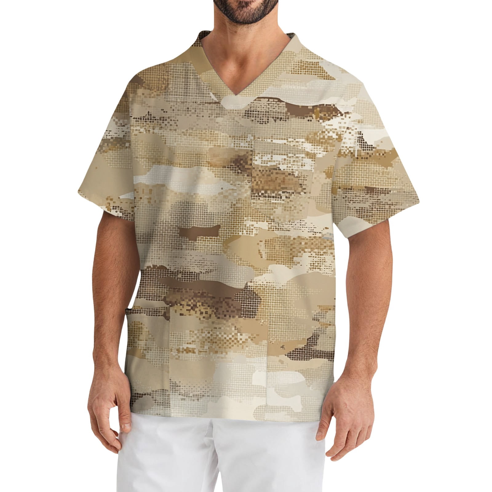 Domuza Men's Scrub Top Plus Size V-Neck Short Sleeve Nurse Uniform Camo ...