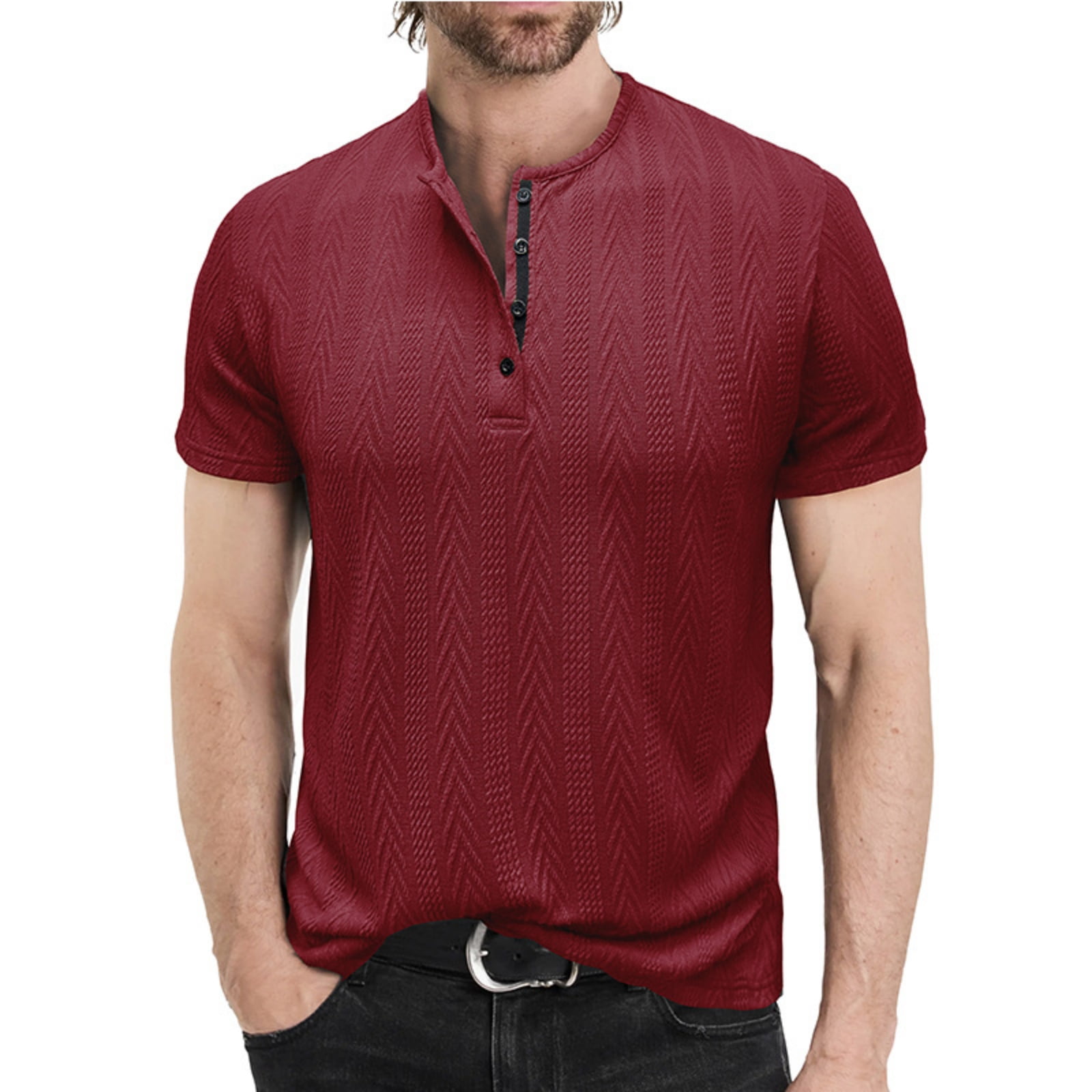Domuza Men's Shirts Short Sleeve Jacquard Henley Shirts Casual Basic ...