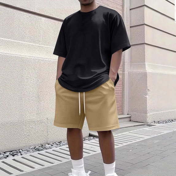 Domuza Men's Summer 2 Piece Outfits Solid Color Short Sleeve T-Shirt ...