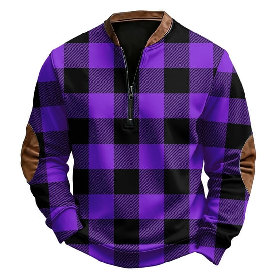 Domuza Men's Sweatshirts Retro Plaid 1/4 Zip Up Stand Collar Sweater ...