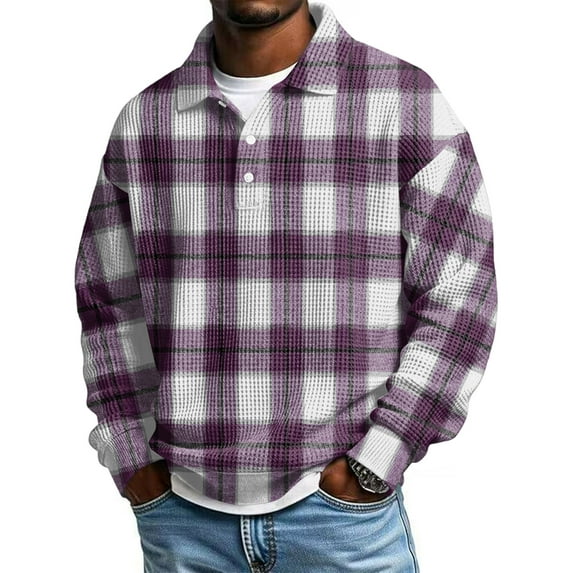 Domuza Men's Waffle Polo Shirts Plaid Retro Button Long Sleeve Lapel ...