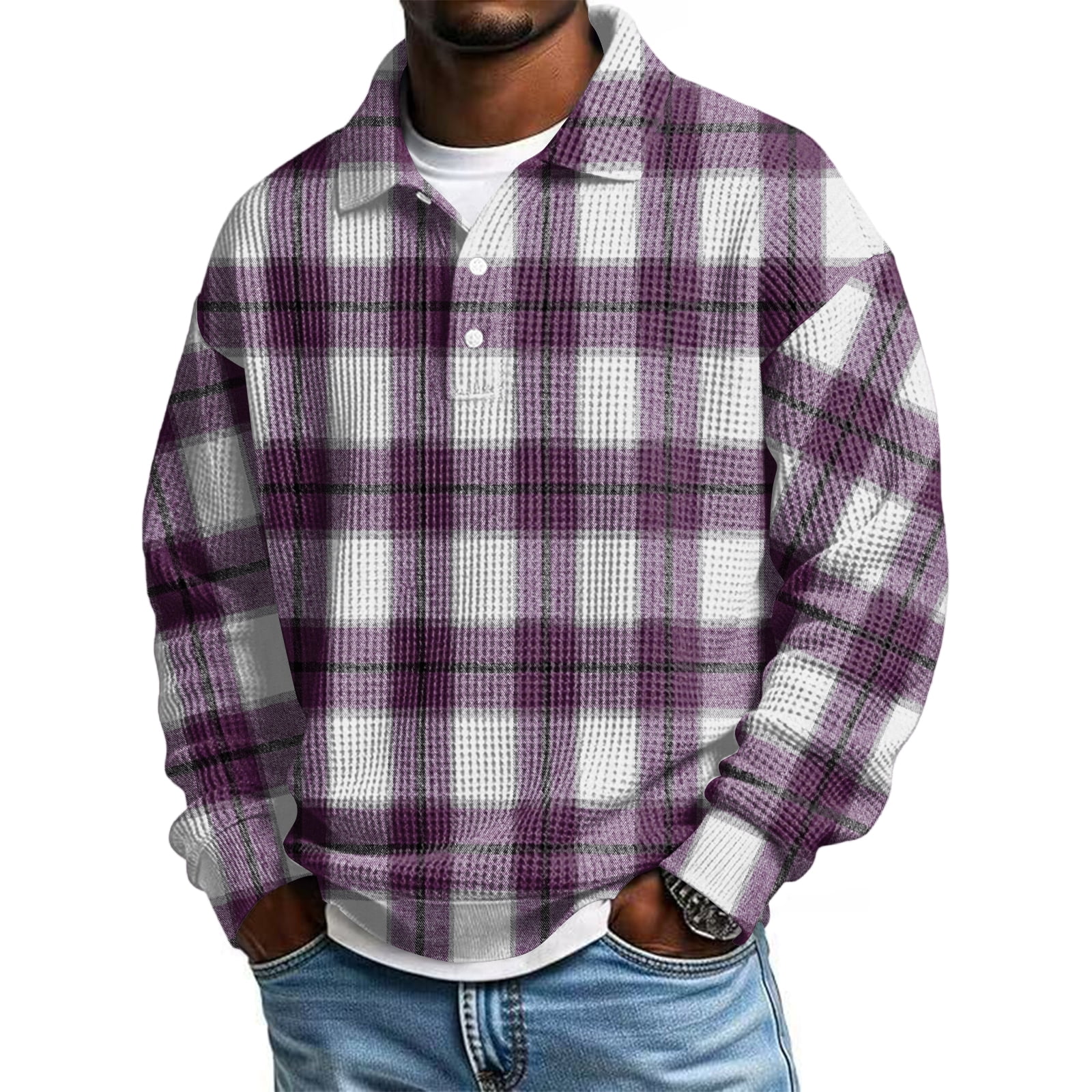 Domuza Men's Waffle Polo Shirts Plaid Retro Long Sleeve Button Up Lapel ...