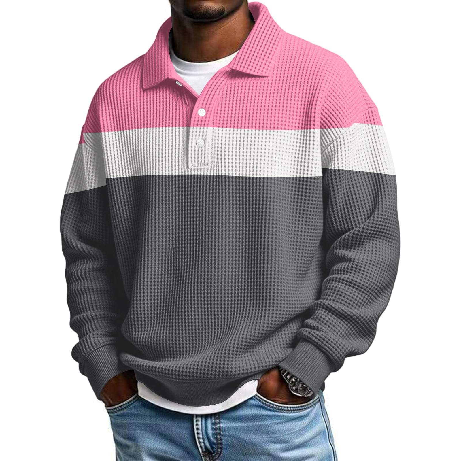 Domuza Men's Waffle Polo Shirts Retro Button Down Long Sleeve Collared ...