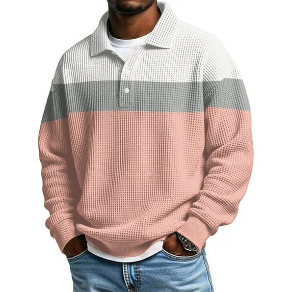 Domuza Men's Waffle Polo Shirts Retro Long Sleeve Button Down Lapel ...