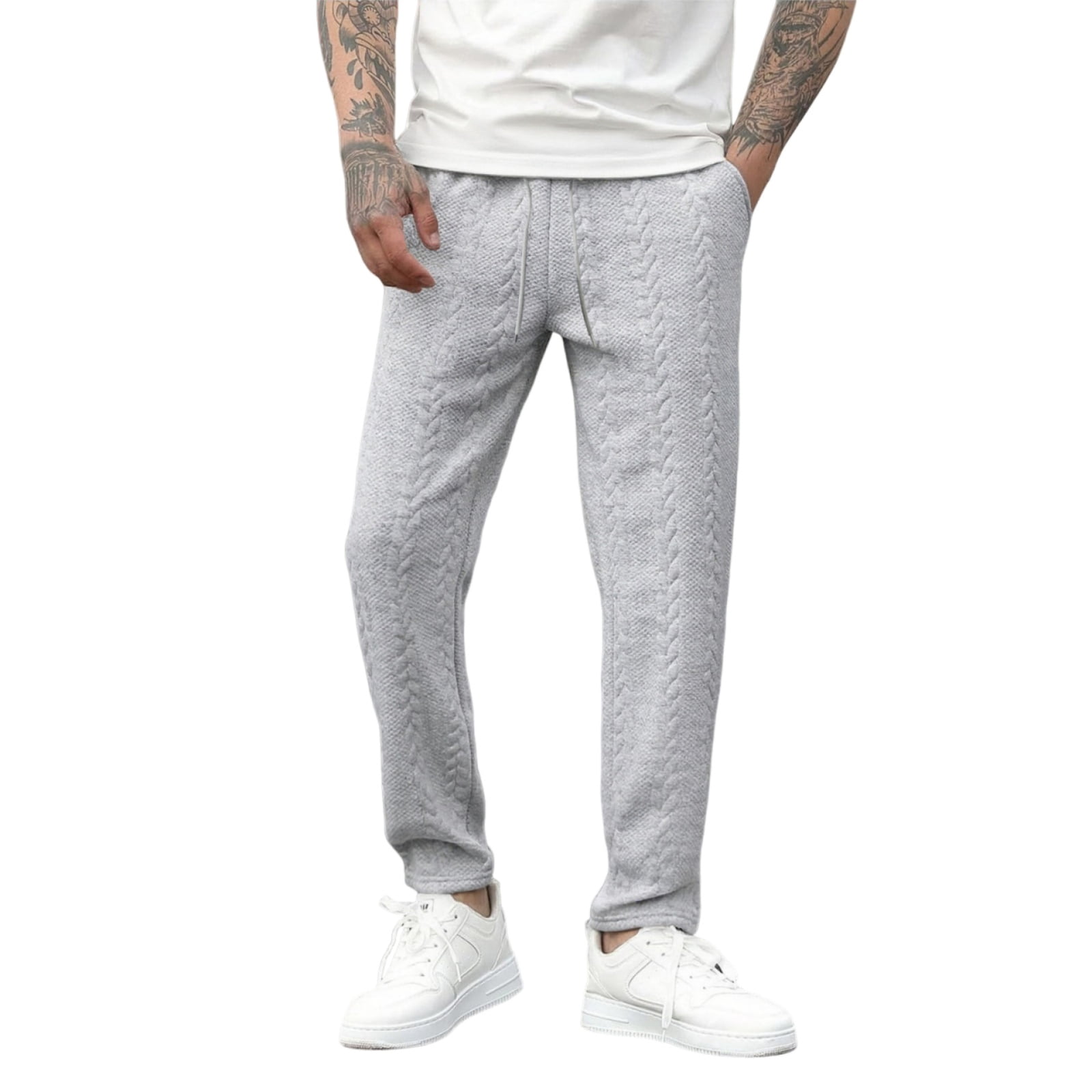 Domuza Mens Cable Knit Pants Casual Side Slit Hem Drawstring Waist ...
