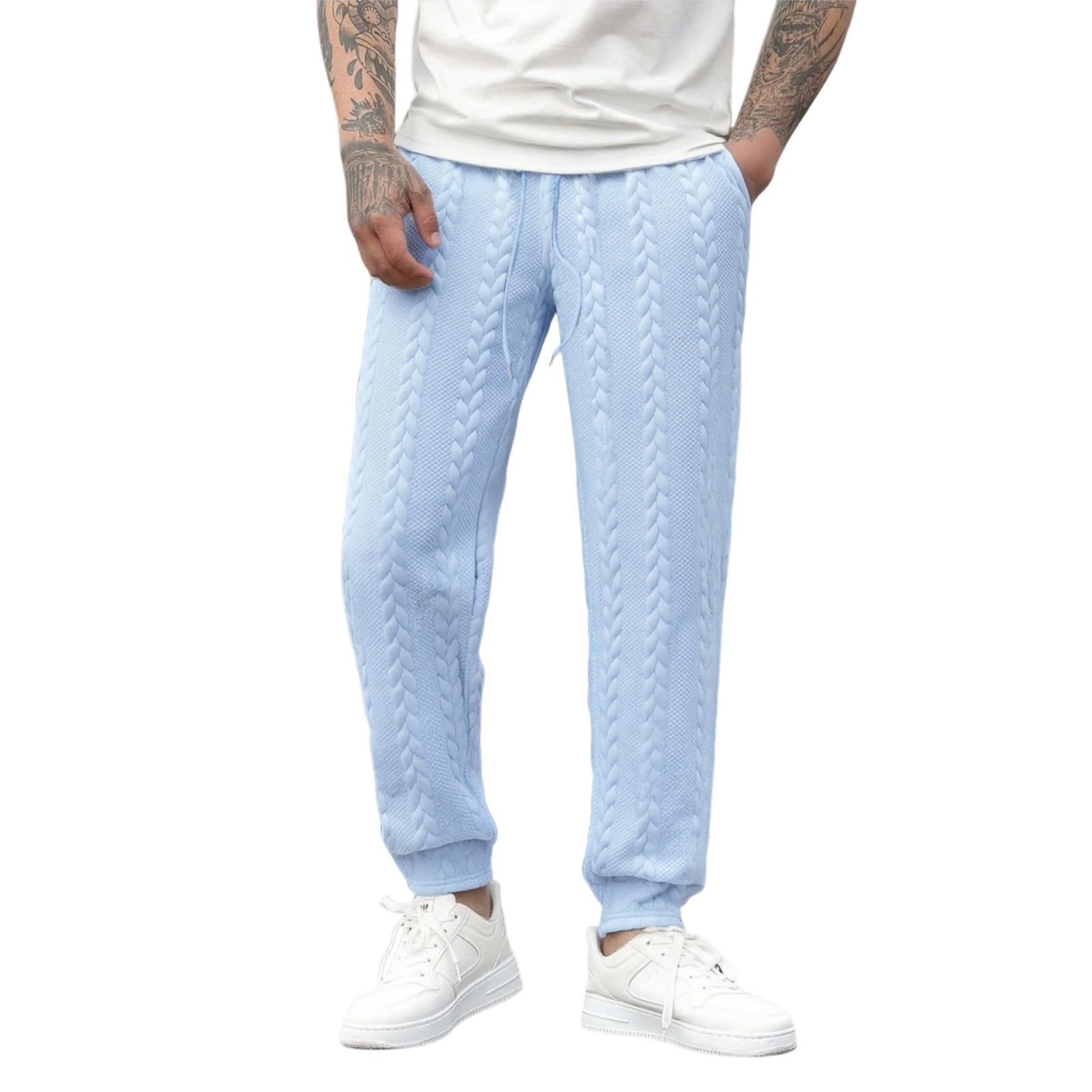 Domuza Mens Cable Knit Pants Casual Side Slit Hem Drawstring Waist ...