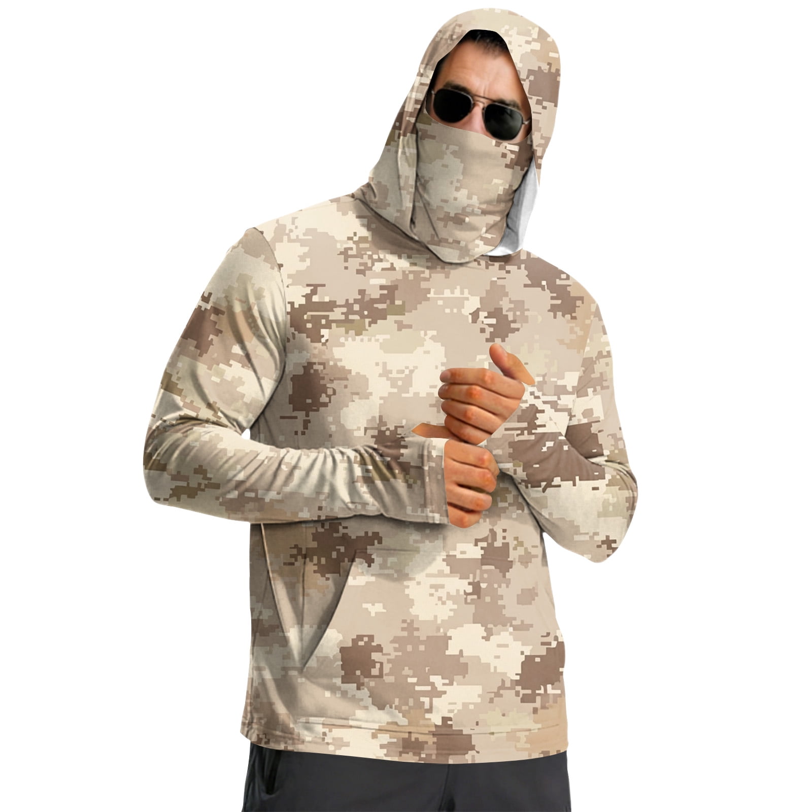 Domuza Mens Camo Hooded Sun Shirts Uv Protection Long Sleeve Face Mask ...
