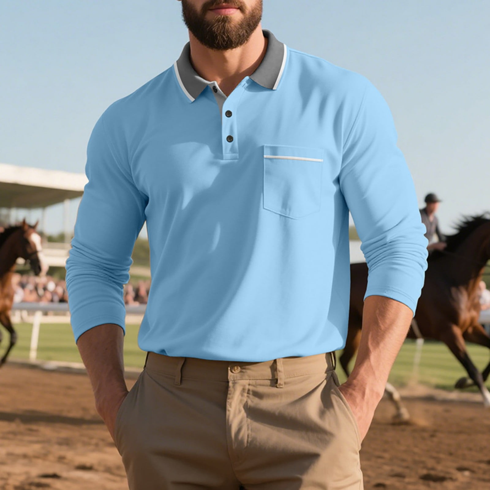 Domuza Mens Long Sleeve Polo Shirts Casual Trendy Collared Button Up ...