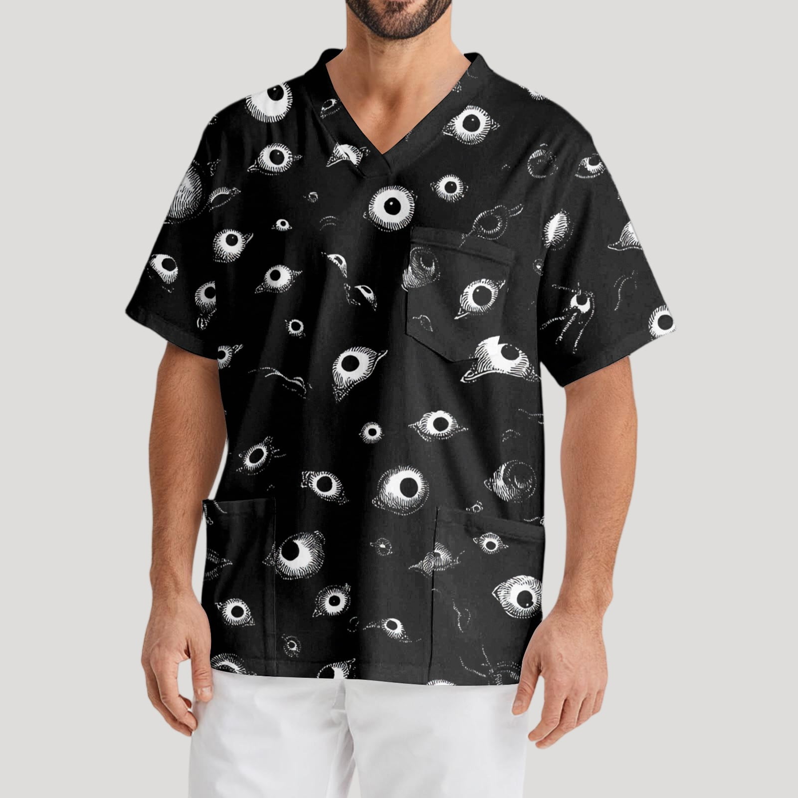 Domuza Mens Scrubs Top Oversized V-Neck Short Sleeve Spooky Horror Print Caregiver Top Comfort ...