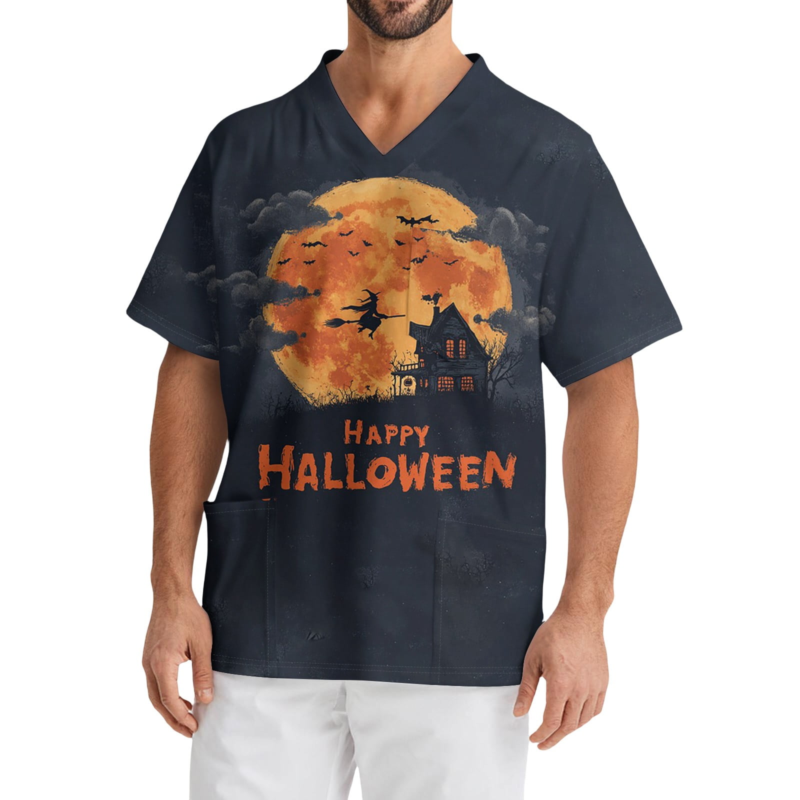 Domuza Mens Scrubs Top Oversized V-Neck Short Sleeve Spooky Horror ...
