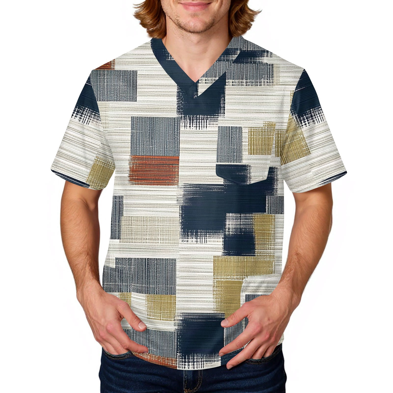 Domuza Mens Scrubs Top Plaid Stripe Graphics Short Sleeve V Neck ...