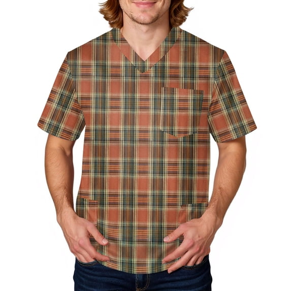 Domuza Mens Scrubs Top Plaid Stripe Printed V Neck Short Sleeve ...