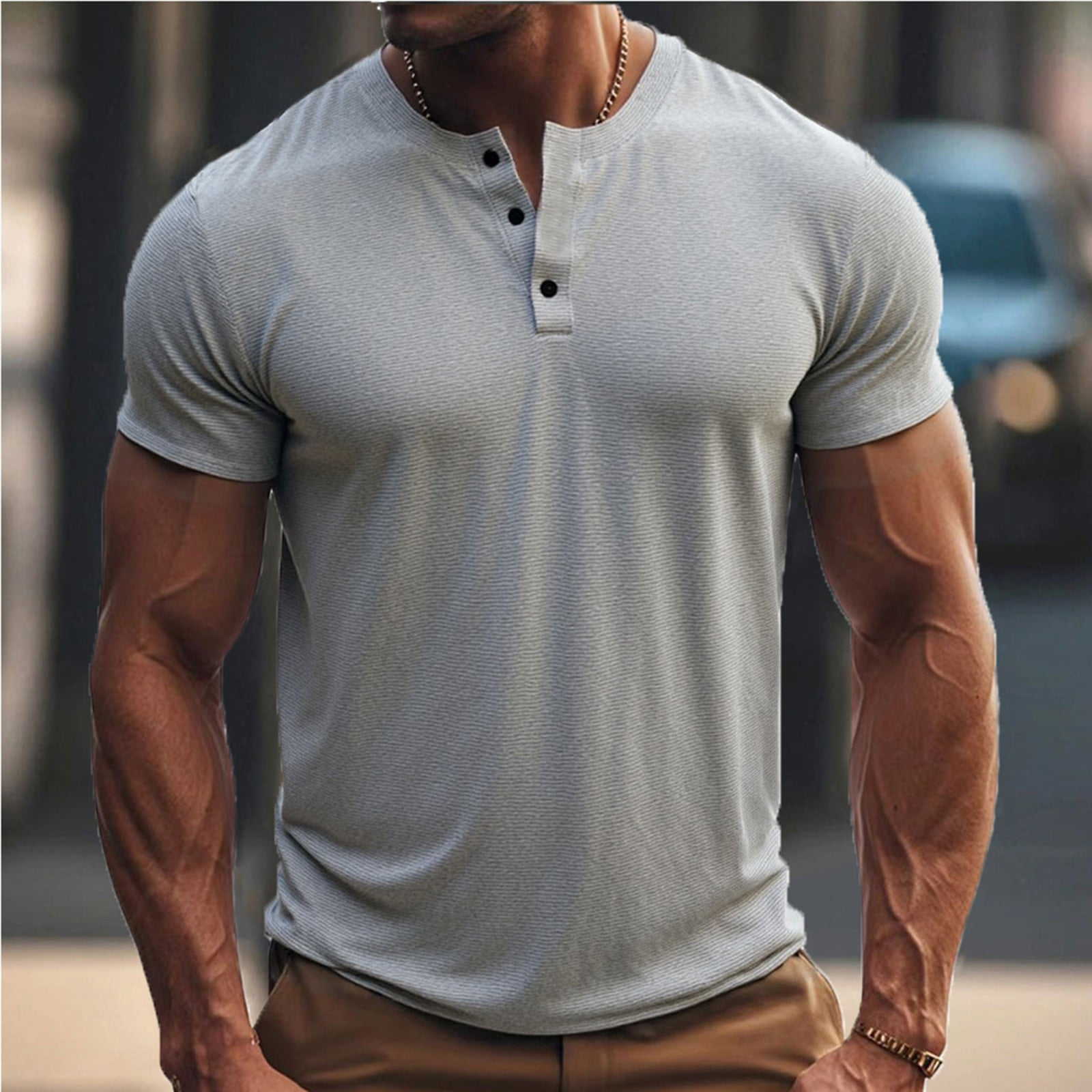 Domuza Mens Shirts Casual Crew Neck T Shirts Basic Short Sleeve Button ...