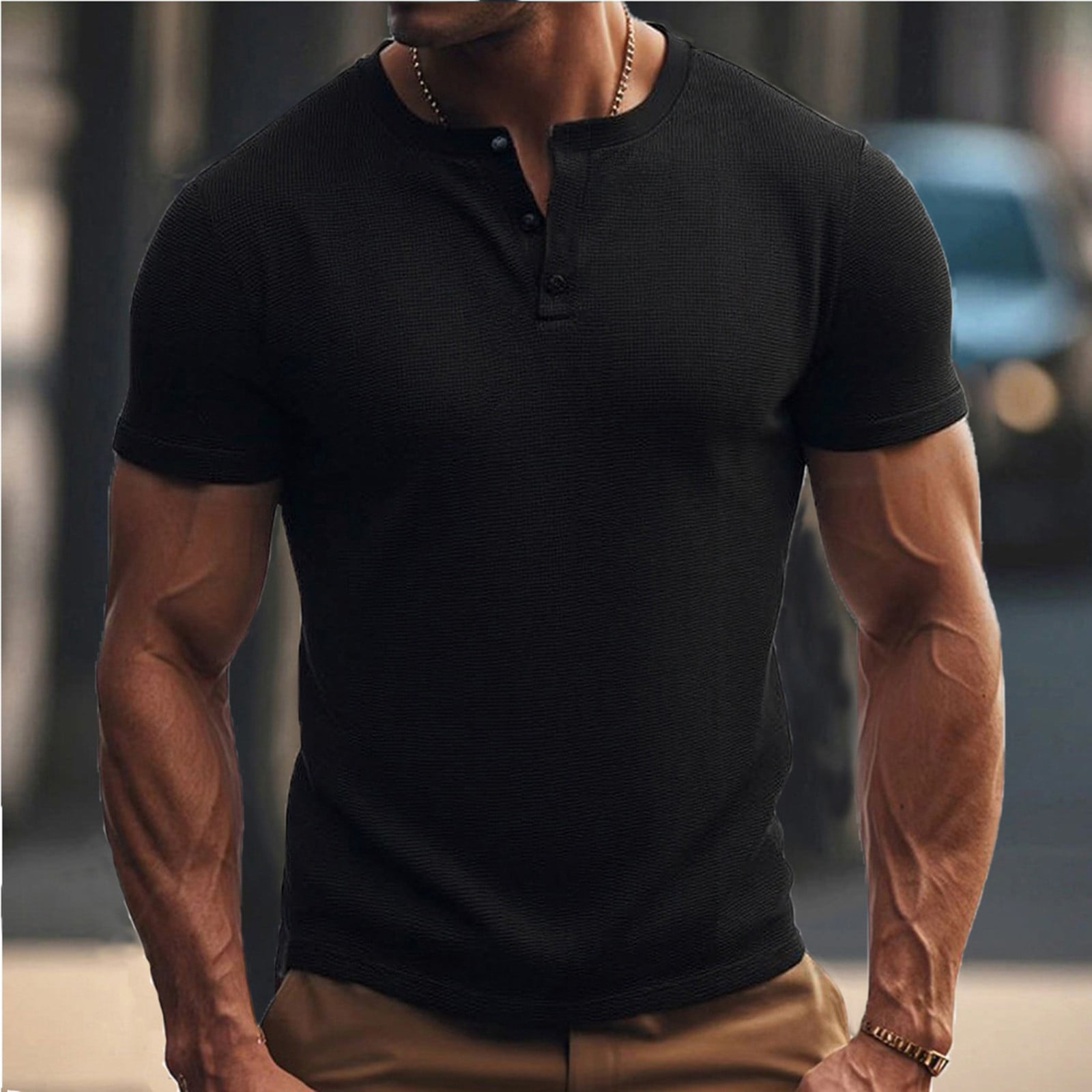 Domuza Mens Shirts Casual Crew Neck T Shirts Basic Short Sleeve Button ...