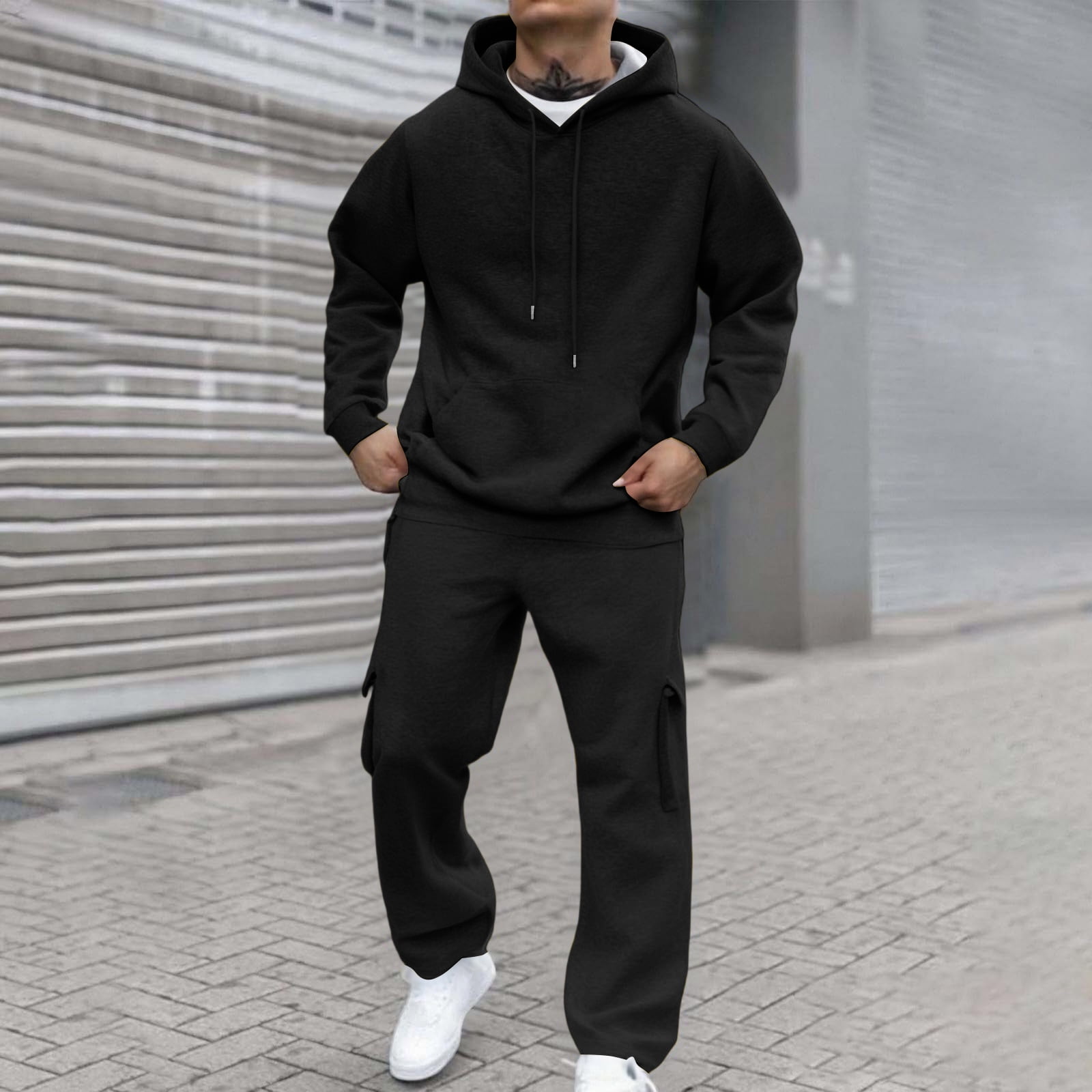Domuza Mens Sweat Suits 2 Piece Set Fleece Hoodie Sweatshirt & Cargo ...