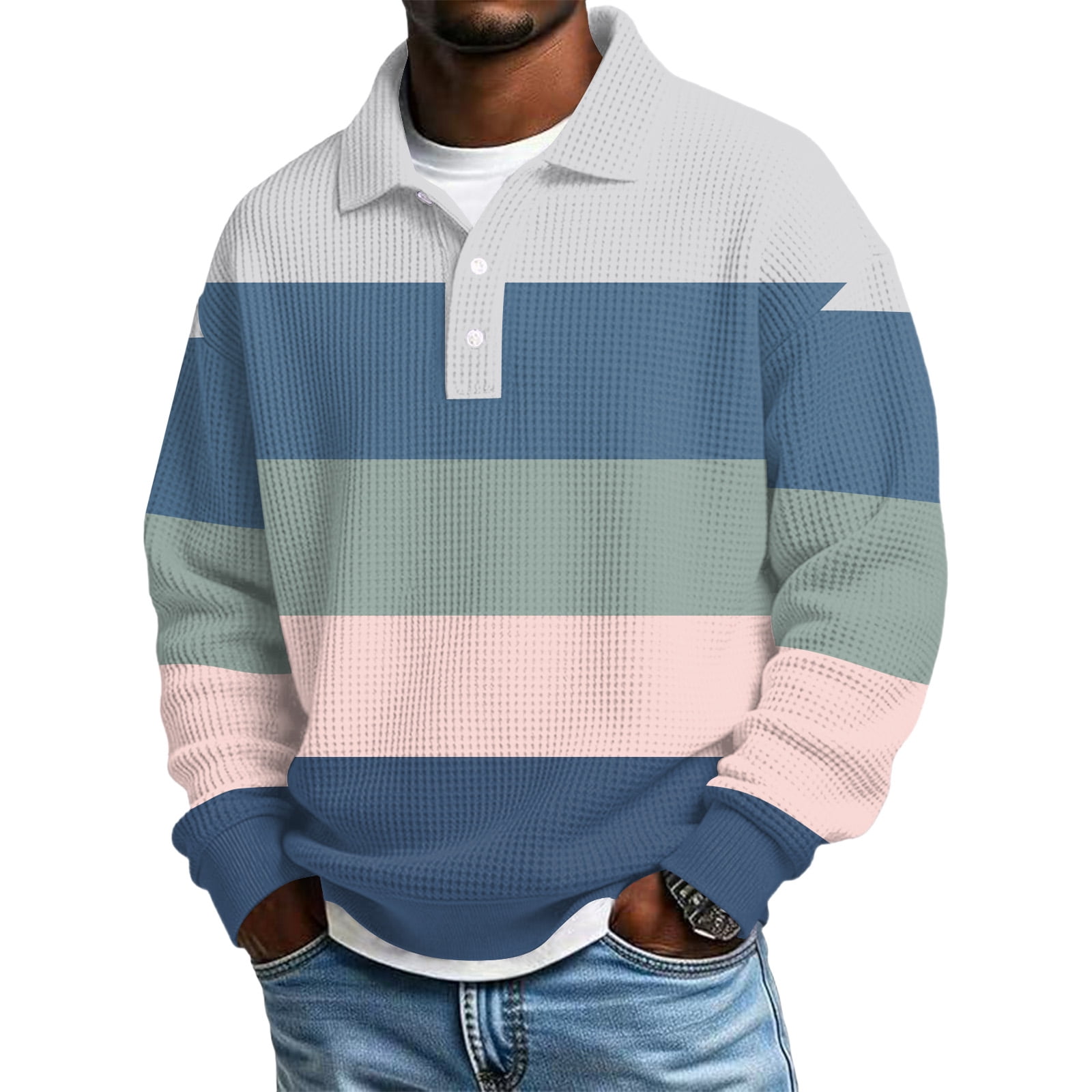 Domuza Mens Waffle Polo Shirts Retro Button Down Long Sleeve Collared ...