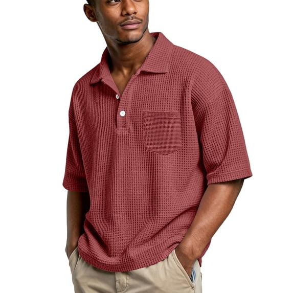 Domuza Mens Waffle Polo Shirts Short Sleeve Button Up Lapel T Shirt ...