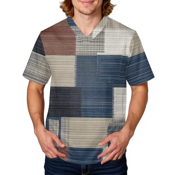 Domuza Scrub Shirts for Men Plaid Stripe Graphics Short Sleeve V Neck ...