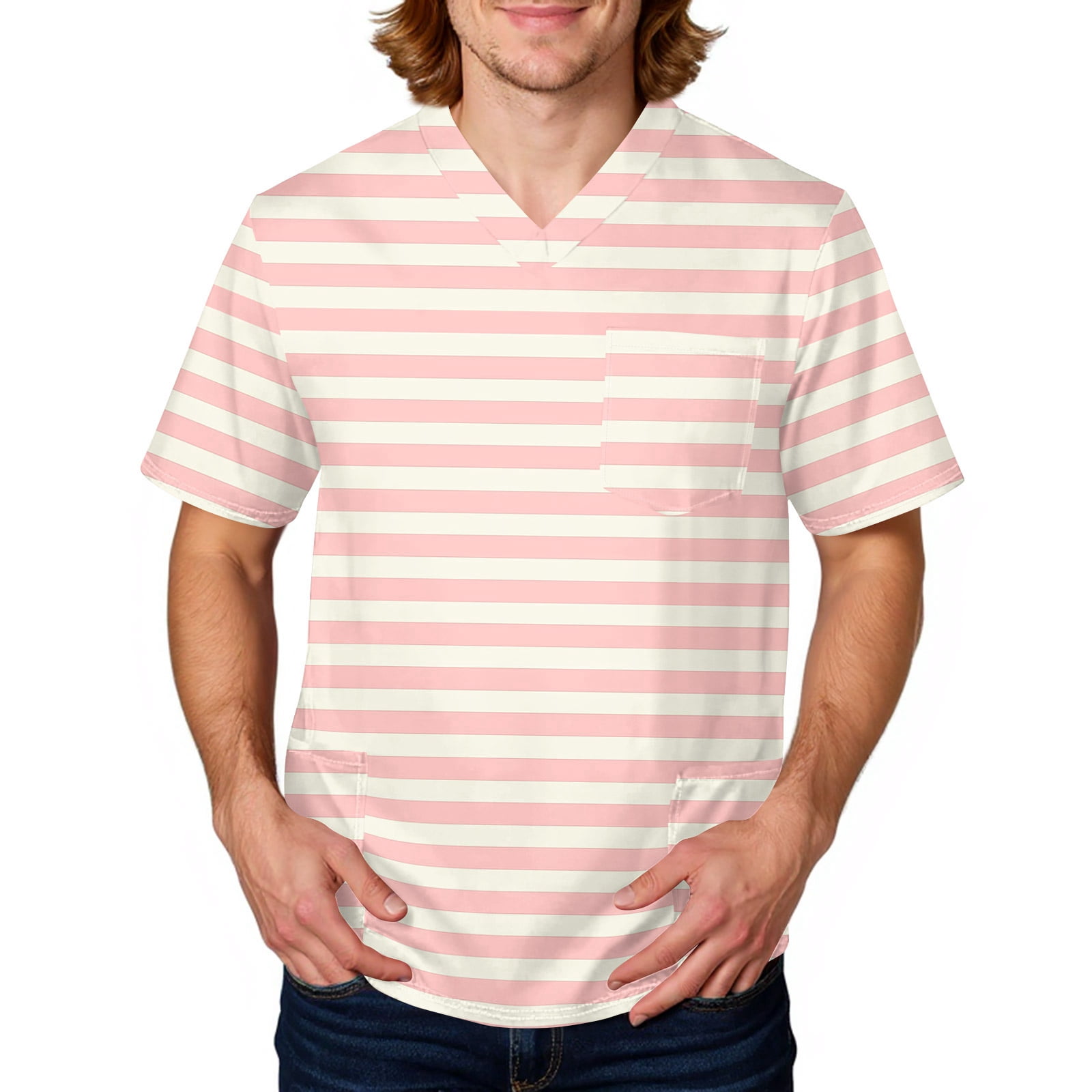 Domuza Scrub Tops Men Plaid Stripe Graphics V Neck Short Sleeve Working ...