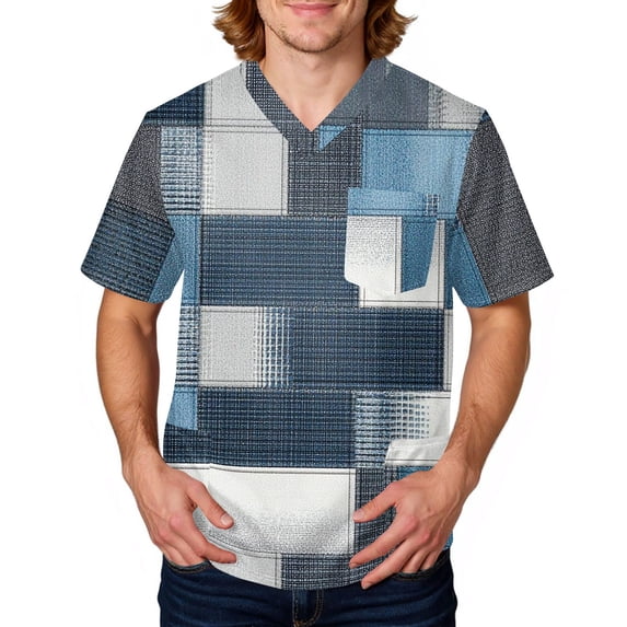 Domuza Scrub Tops Men Plaid Stripe Printed Short Sleeve V Neck Nurse ...