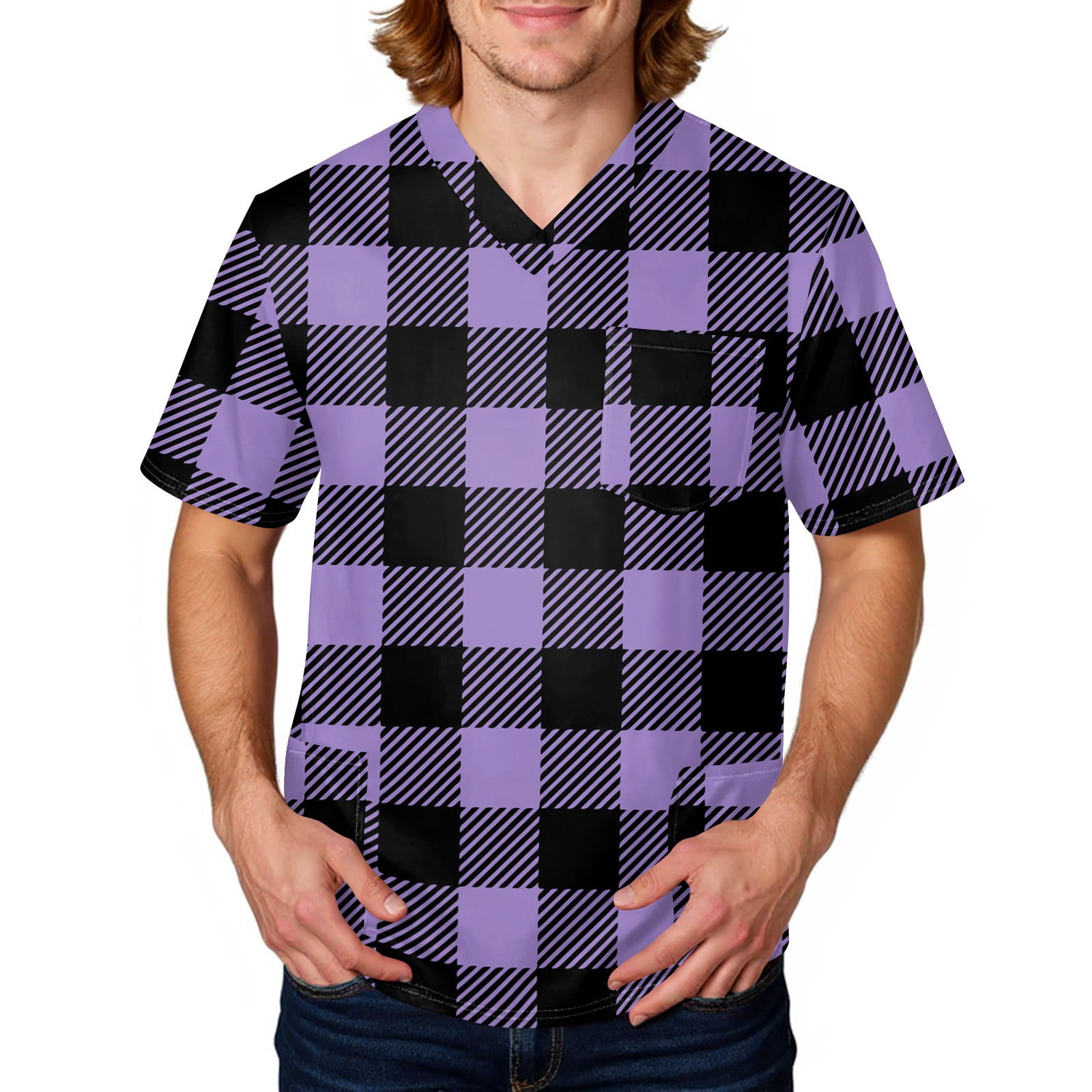 Domuza Scrub Tops Men Plaid Stripe Printed V Neck Short Sleeve Nurse ...