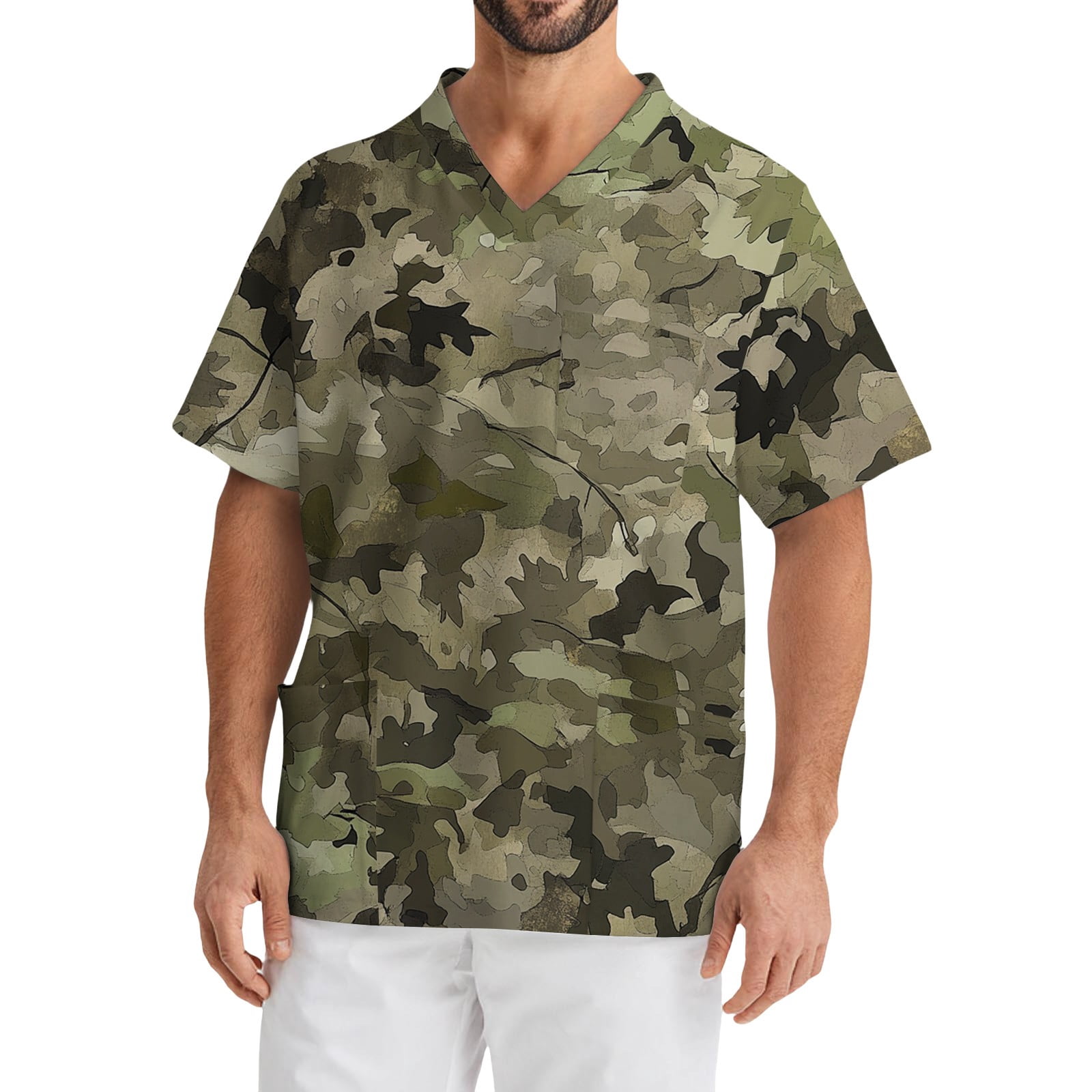 Domuza Scrub Tops Men Plus Size V-Neck Short Sleeve Work Uniform Camo ...