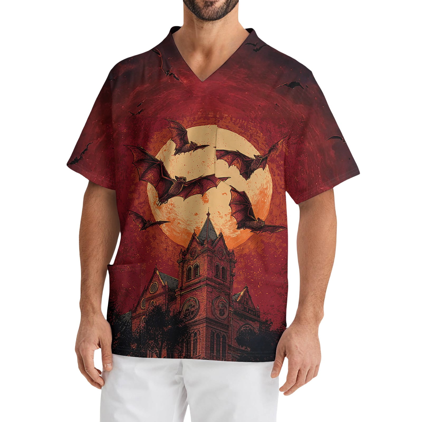 Domuza Scrubs for Men Top Plus Size V-Neck Short Sleeve Spooky Horror ...