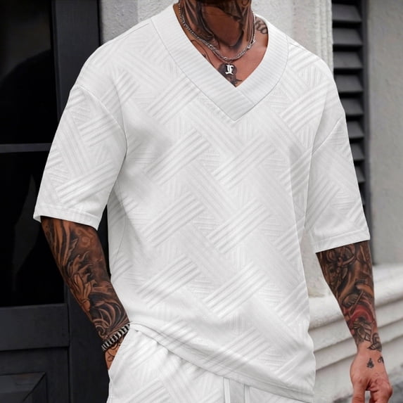 Domuza Shirts for Men Short Sleeve Casual V Neck Solid Texture Summer ...