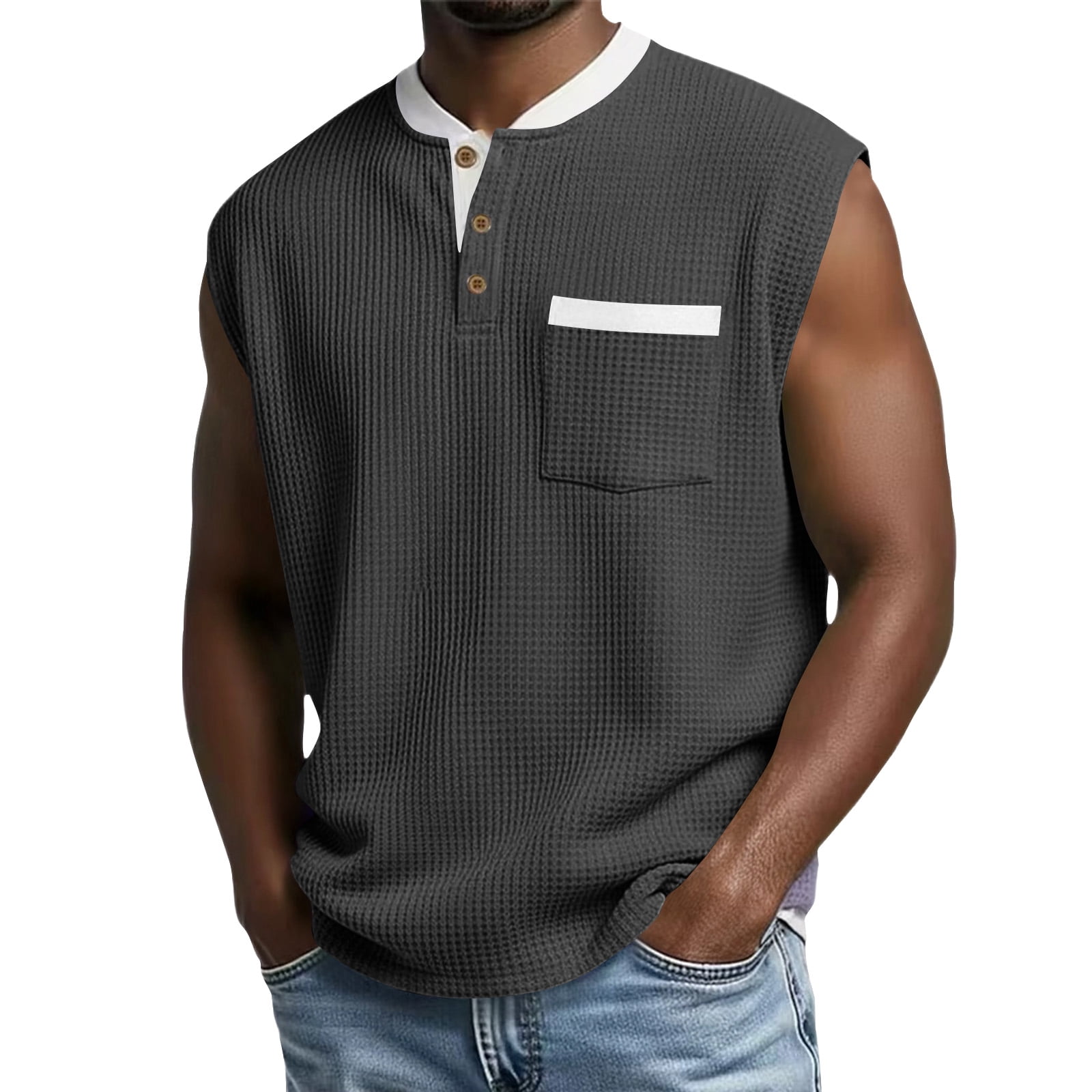 Domuza Sleeveless Henley Shirt for Men Waffle Muscle Crewneck Button ...