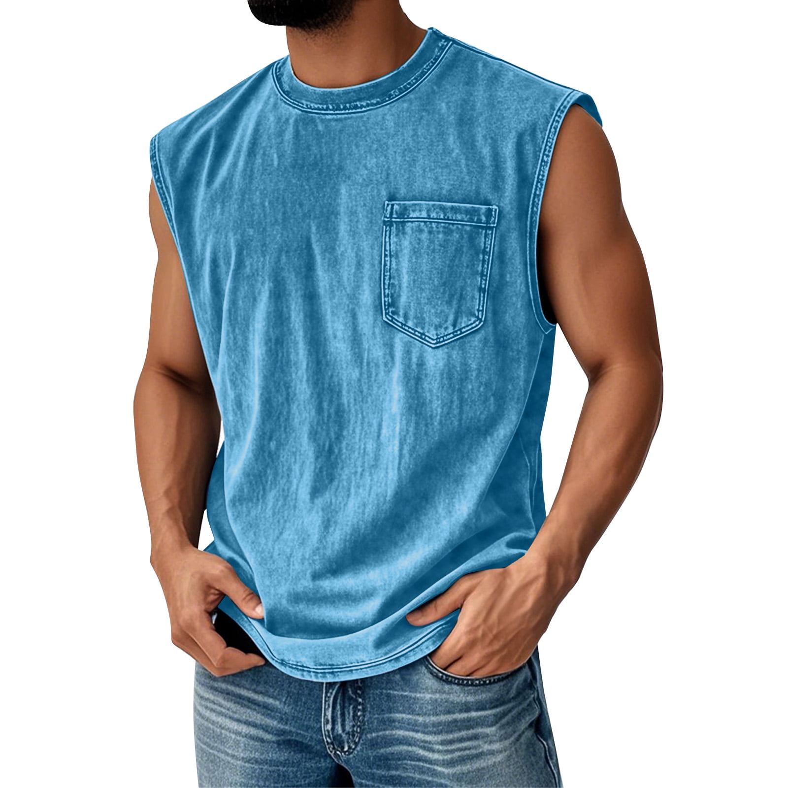 Domuza Sleeveless Shirts for Men Distressed Washed Tank Tops Crew Neck ...