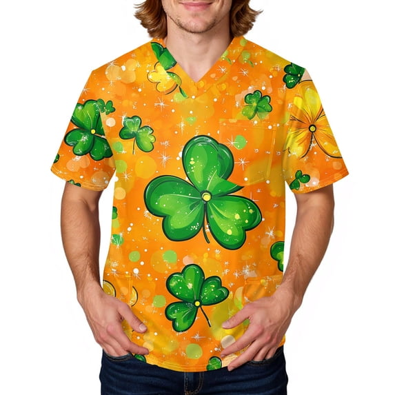 Domuza St Patricks Day Men Scrub Top Lucky Shamrock Clover V Neck Short ...